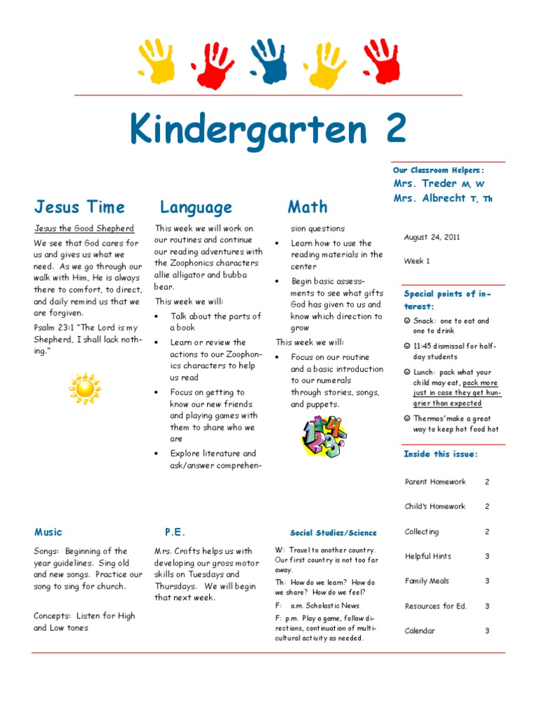 Kindergarten Weekly Activities Overview | PDF | Language Arts ...