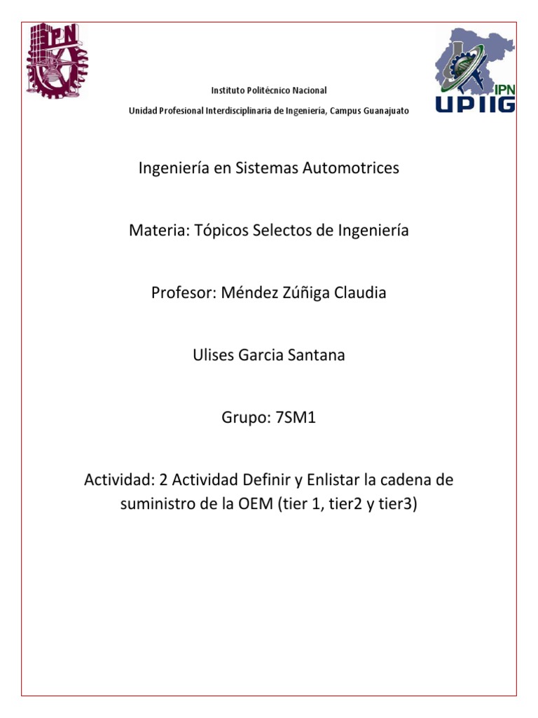Actividad 2 Definir y Enlistar La Cadena de Suministro de La OEM (Tier ...