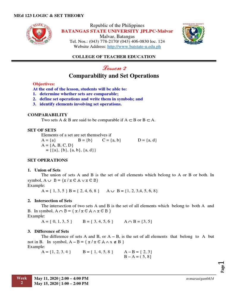 Logic Set Theory Week 2 | PDF | Set (Mathematics) | Mathematical Concepts