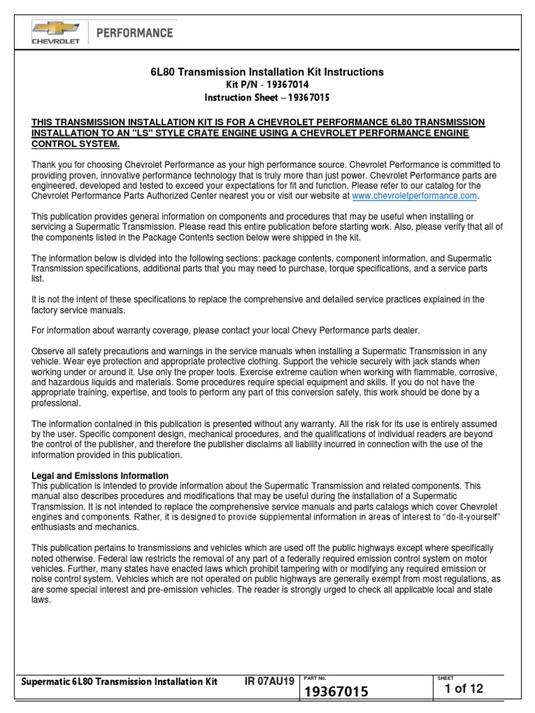 6l80 Transmission Installation Kit Instructions | PDF | Vehicles ...