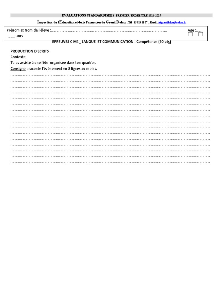 Évaluations CM1 Premier Trimestre 2016-2017 | PDF