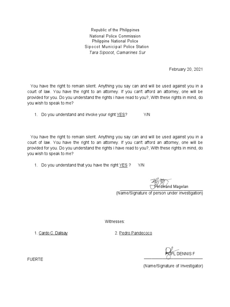 Miranda Warning Form | PDF