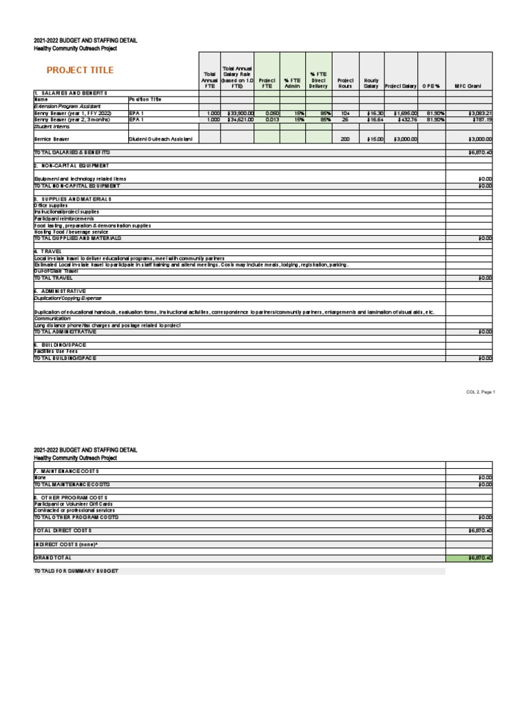 Hco Project Budget Template 2021 | PDF