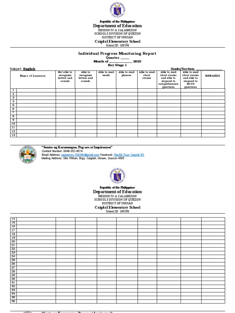 Individual Progress Monitoring Tool in Reading | PDF | Applied ...