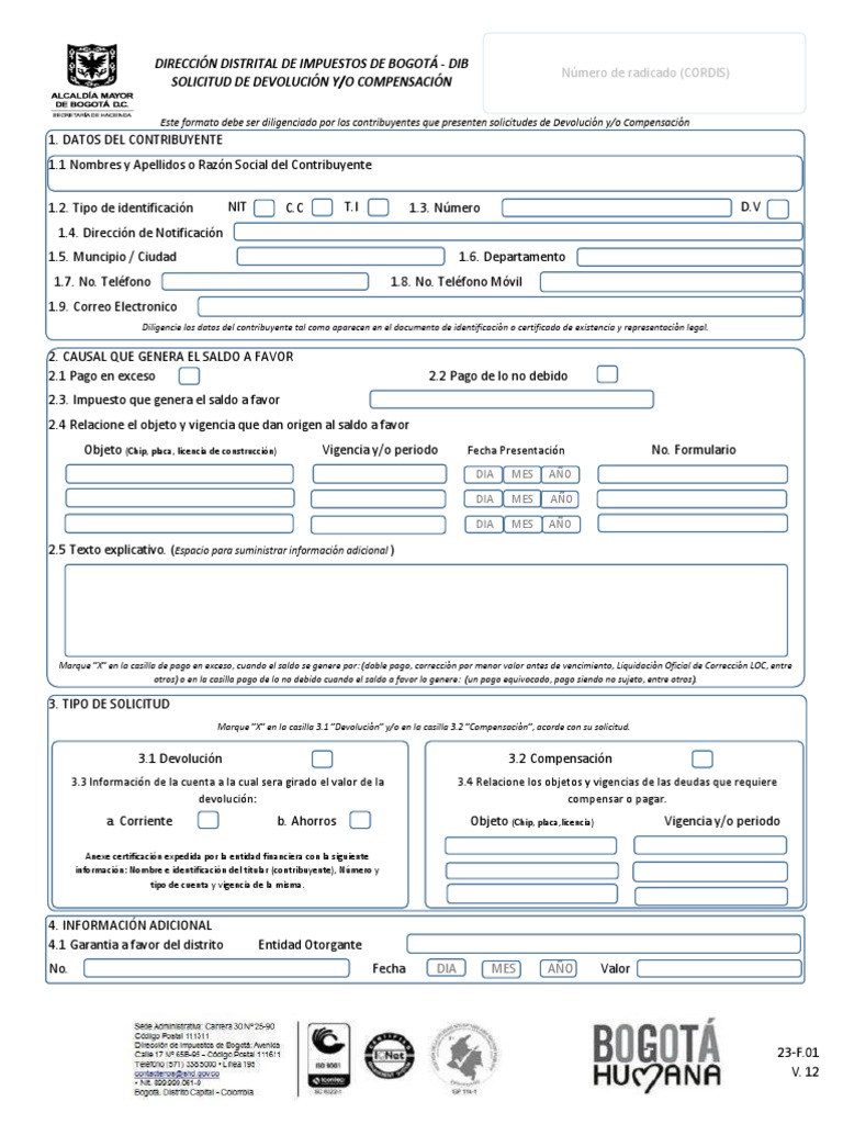 23-F - 01-Formulario de Solicitud de Devolución - Y-O-Compensación (17859) | PDF | Impuestos ...
