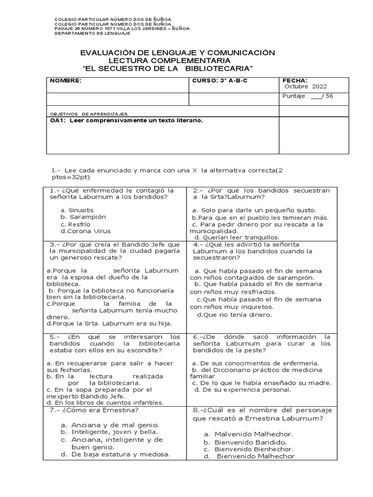 Evaluación de Lenguaje y Comunicación Prueba Libro | PDF