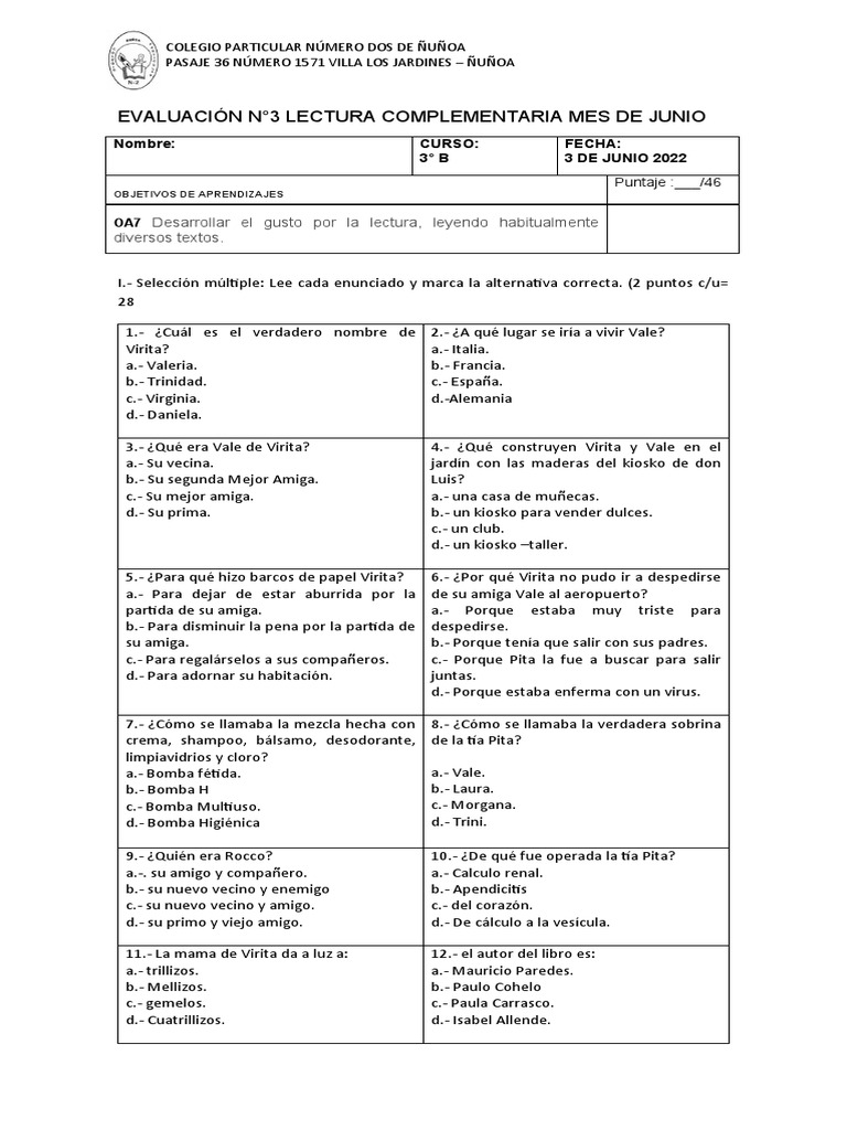 Prueba Libro 3 bASICO 3° B LENGUAJE | PDF