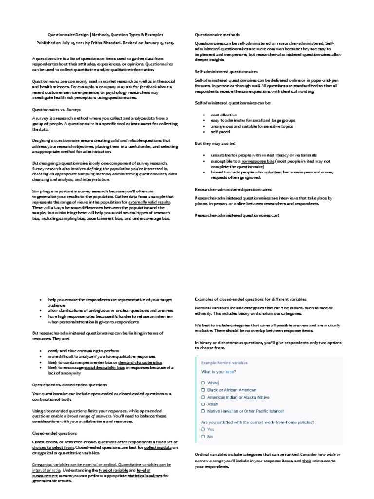 Questionnaire Design | PDF | Survey Methodology | Questionnaire