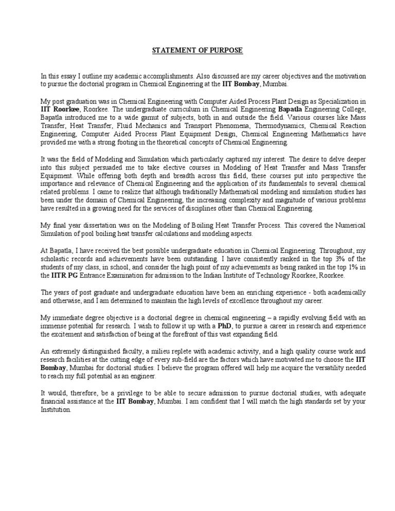 Statement of Purpose | PDF | Chemical Engineering | Doctor Of Philosophy