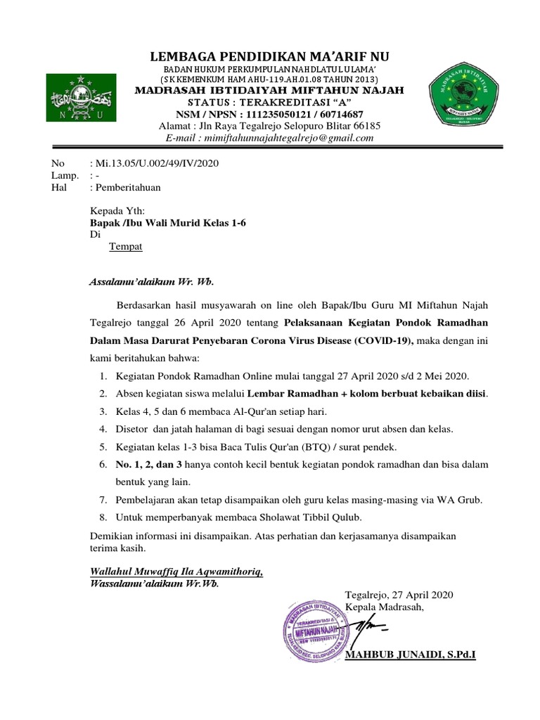 edaran pemberitahuan Pondok Ramadhan Online | PDF