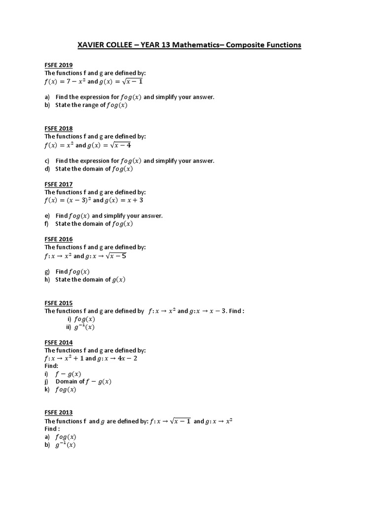 XAVIER COLLEE - YEAR 13 Mathematics - Composite Functions | PDF | Function (Mathematics ...