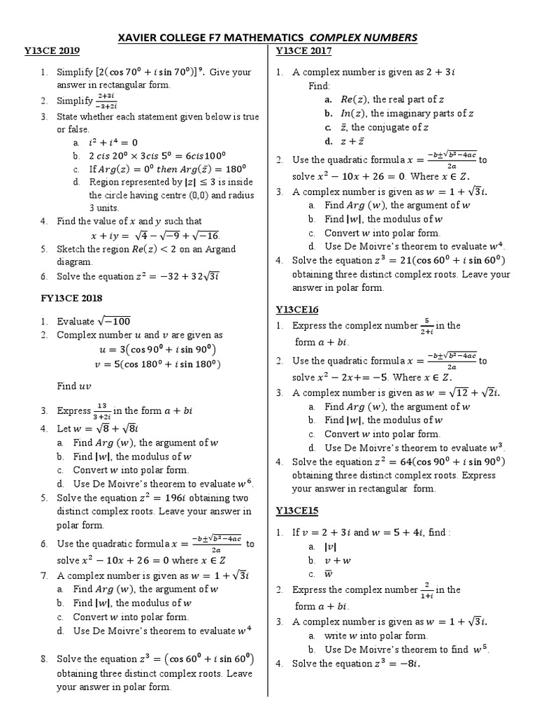 Xavier College F7 Mathematics Complex Numbers | PDF | Complex Number | Quadratic Equation