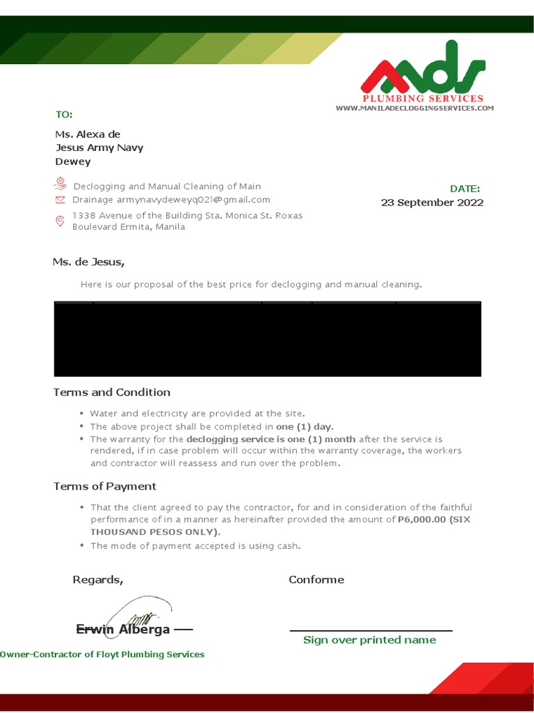 Manila Declogging Services Quotation | PDF