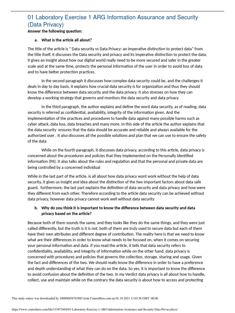 01 Laboratory Exercise 1 Arg Information Assurance And Security Data