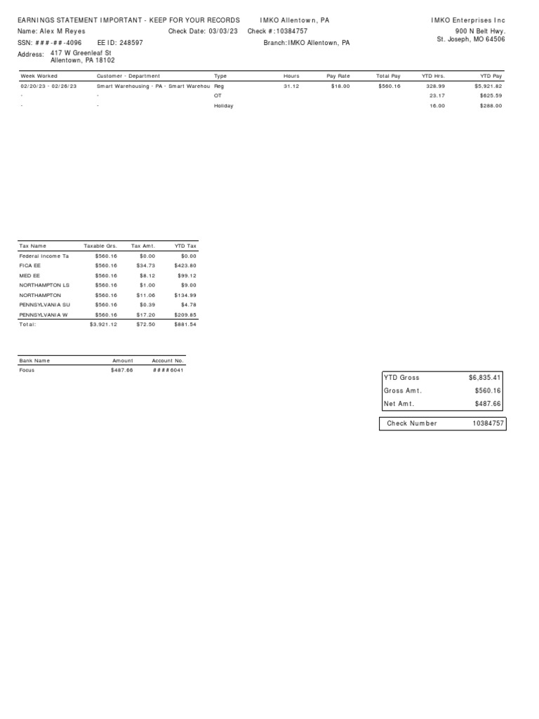 PayStub 10384757 | PDF