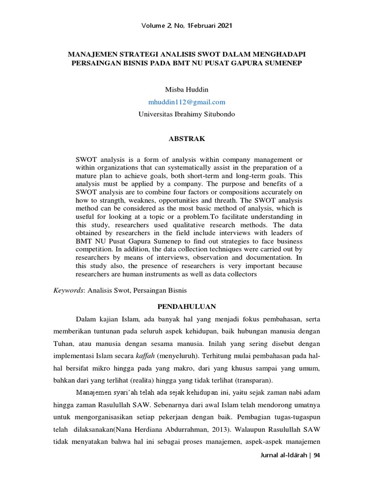 Manajemen Strategi Analisis Swot Dalam Menghadapi Persaingan Bisnis Pada BMT Nu Pusat Gapura ...