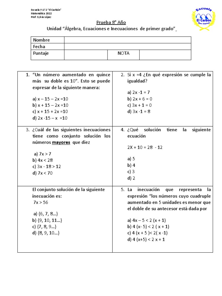 Prueba Ecuaciones 8 Ecuaciones e Inecuaciones | PDF | Ecuaciones | Matemáticas