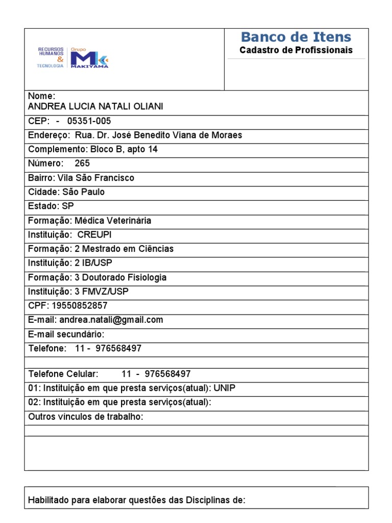 Ficha de Cadastro de Profissionais Grupo Makiyama | PDF | Gestão de ...