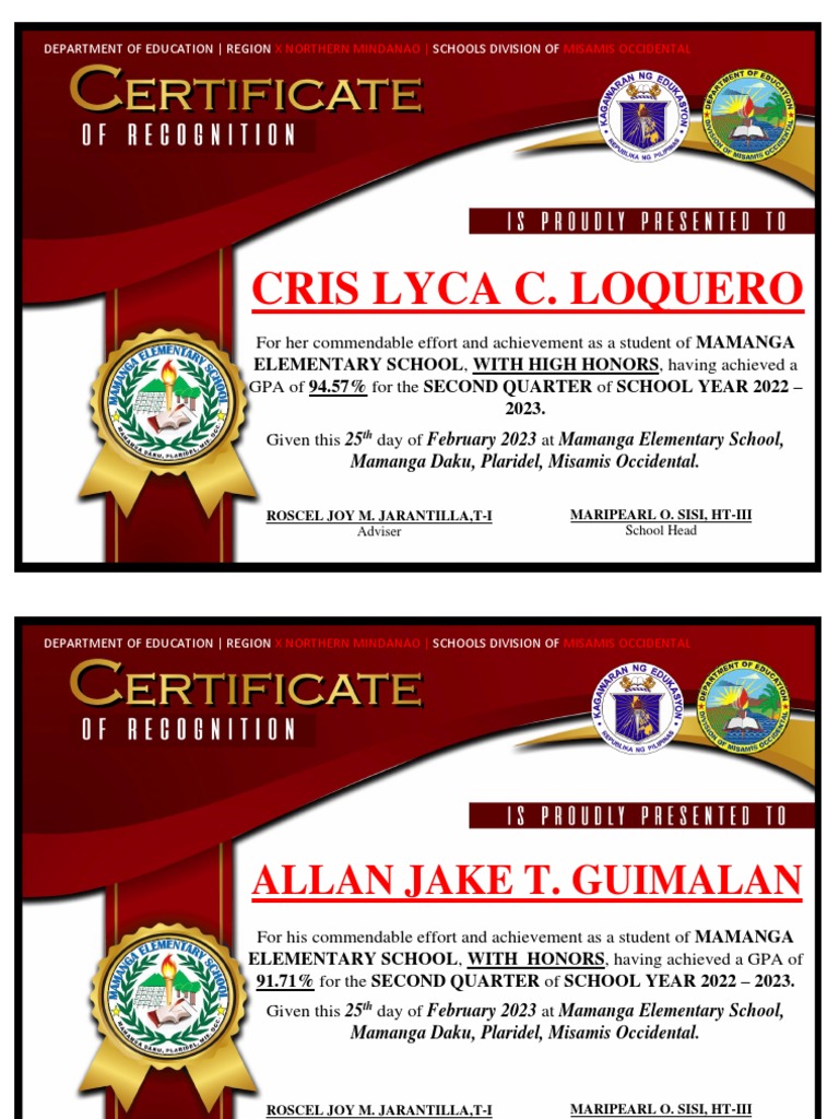 Certificate of Recognition (Honors) Red | PDF