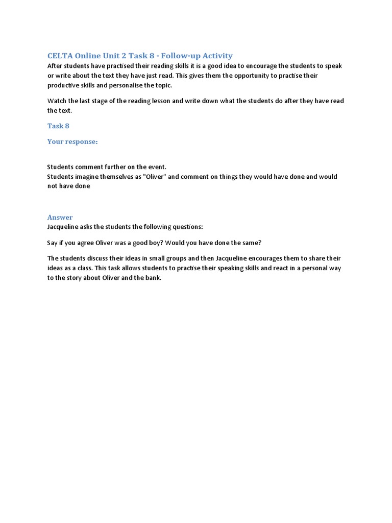 CELTA Online Unit 2 Task 8 - Follow-Up Activity | PDF