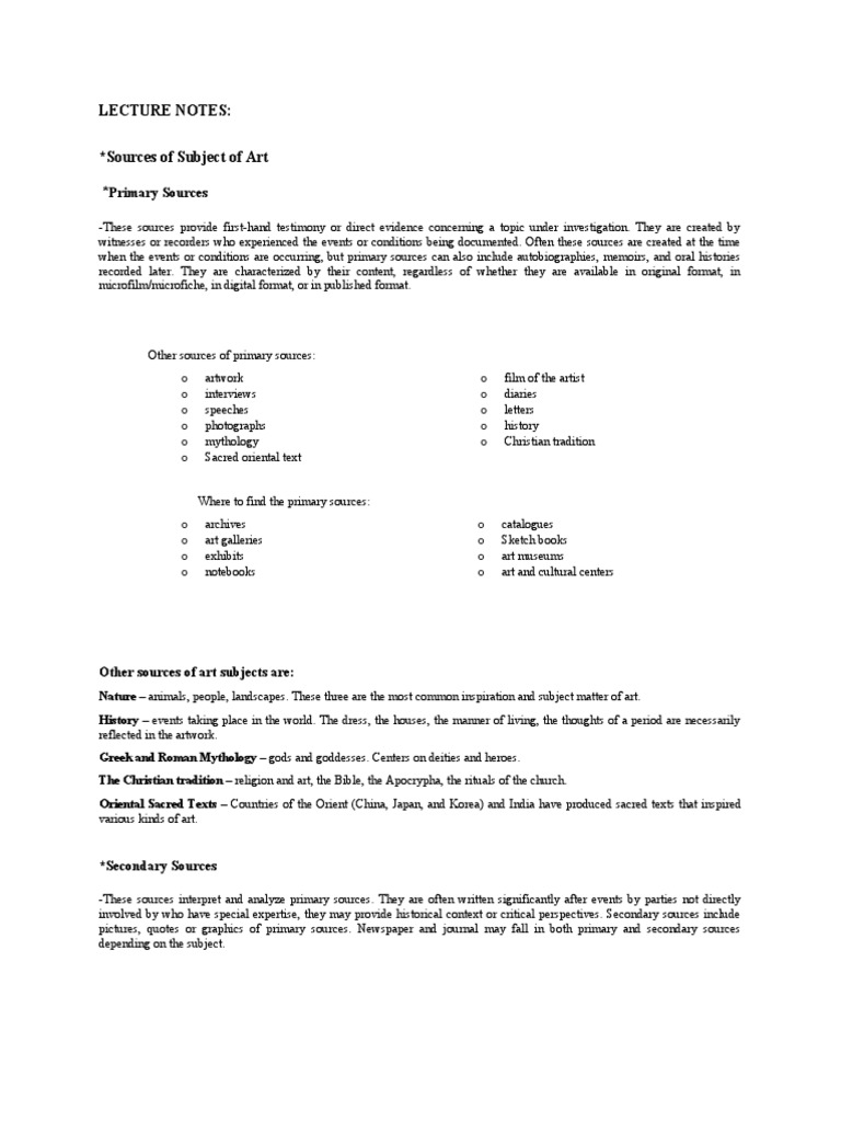 Sources of Subject of Art and Primary Sources&Secondary Source ...