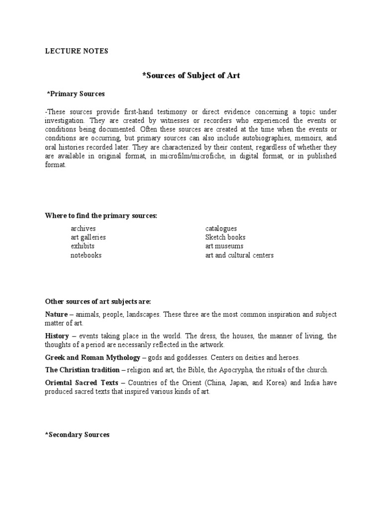 Sources of Subject of Art and Primary Sources and Secondary Sources | PDF