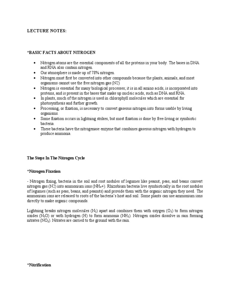 Nitrogen Cycle Lecture Notes Pdf Nitrogen Chemical Elements