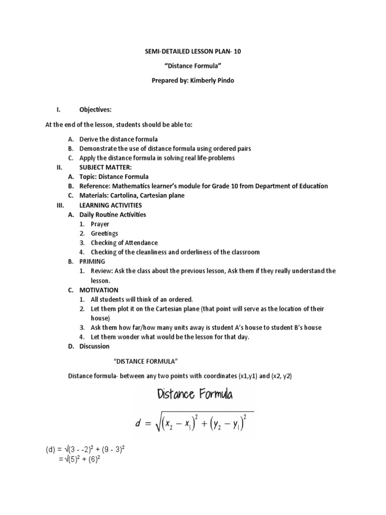 Semi Detailed Lesson Plan Distnce Formula | PDF