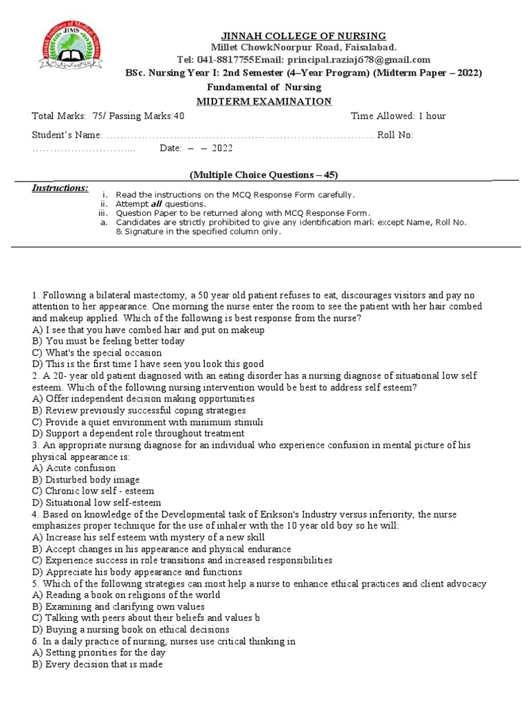 BSN FON JIMS Final Test | PDF | Nursing | Self Esteem