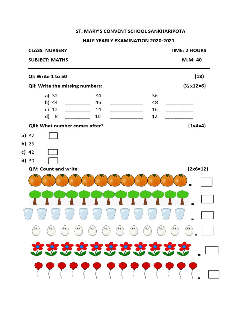 Nursery Class Maths (Written) Half Yearly Question Paper PDF | PDF
