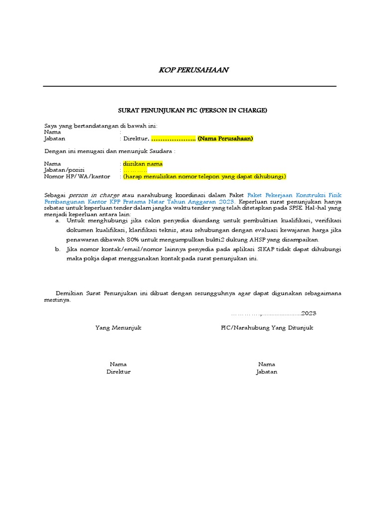 Surat Penunjukan PIC Perusahaan | PDF