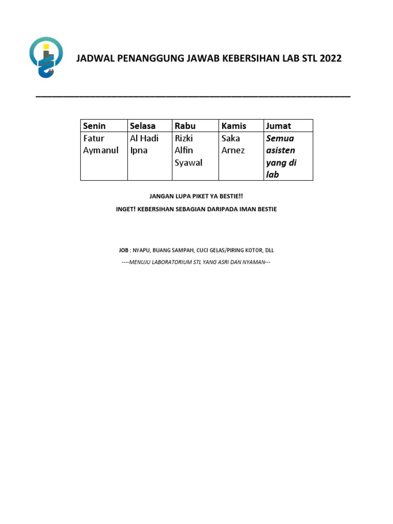 JADWAL PIKET KEBERSIHAN LAB STL 2022 (Sementara) | PDF | Bisnis