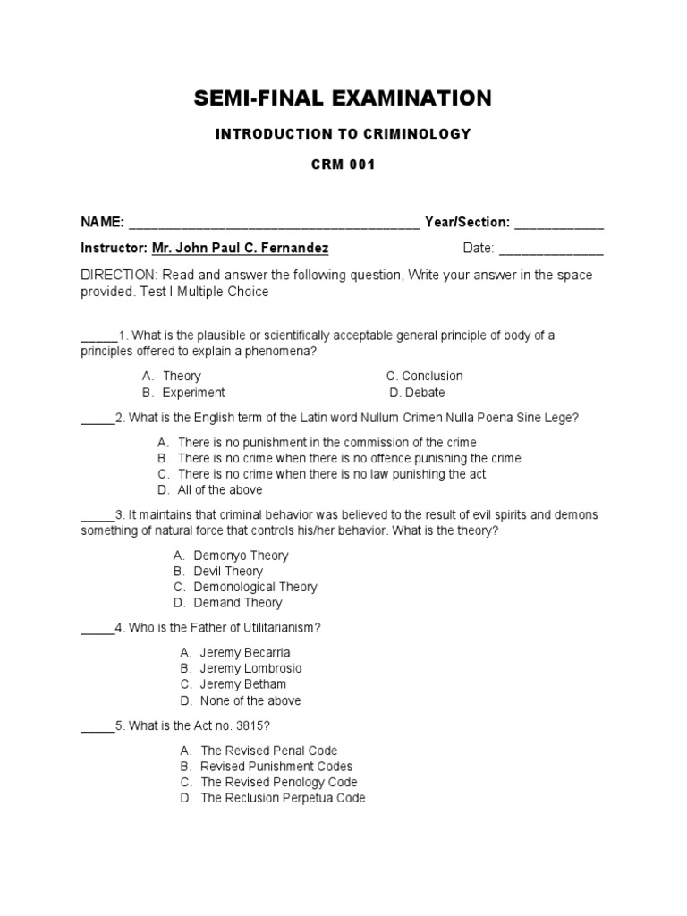 Semi Final Exam Intro To Crim | PDF | Crimes | Crime & Violence