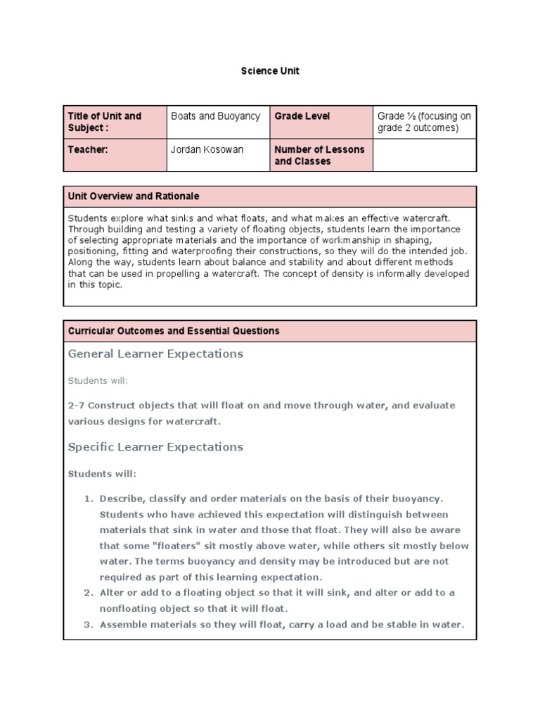 Boats and Buoyancy Unit | PDF | Buoyancy | Educational Assessment