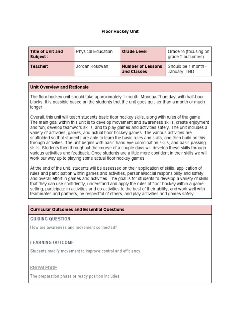 Floor Hockey Unit Plan for Grade 2 | PDF