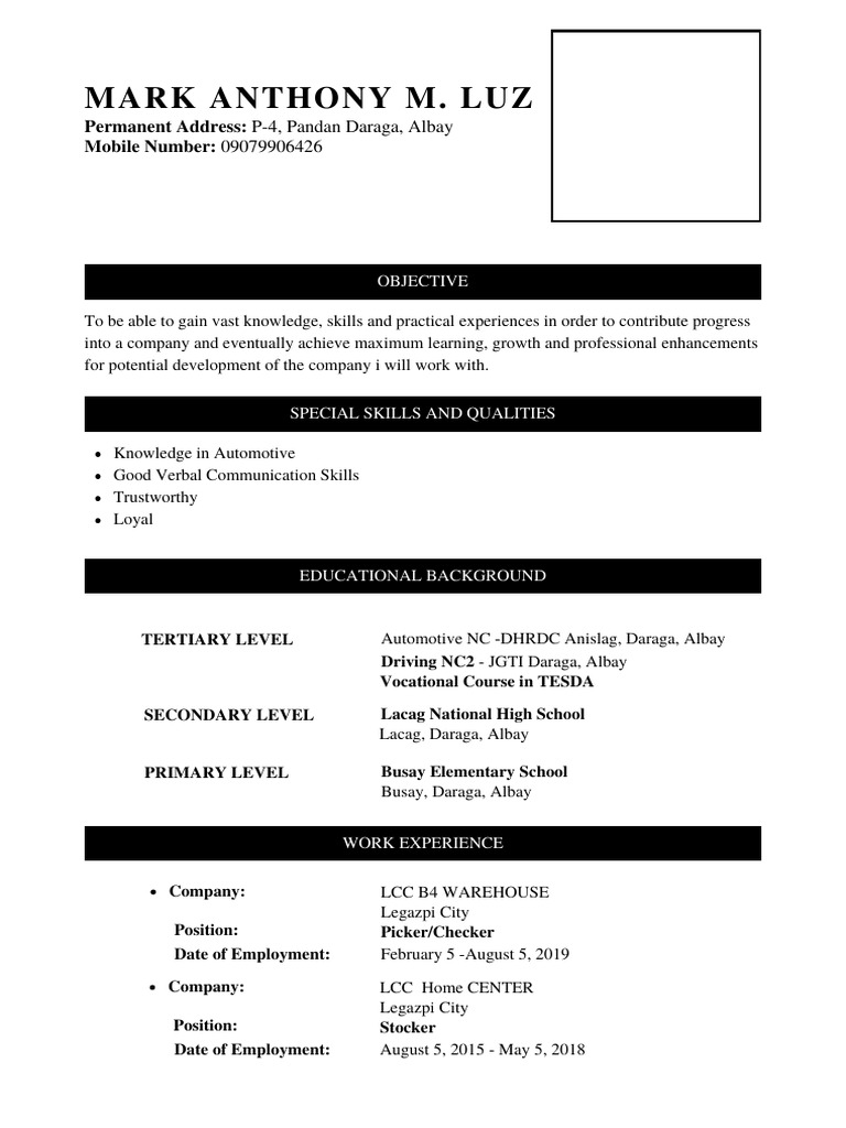 Mark Anthony M. Luz Resume | PDF | Cognition | Cognitive Science