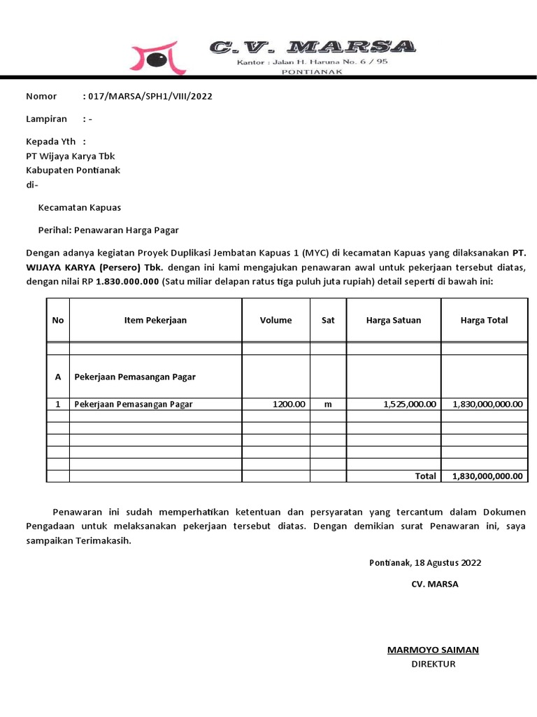 CV MARSA PENAWARAN Pagar | PDF
