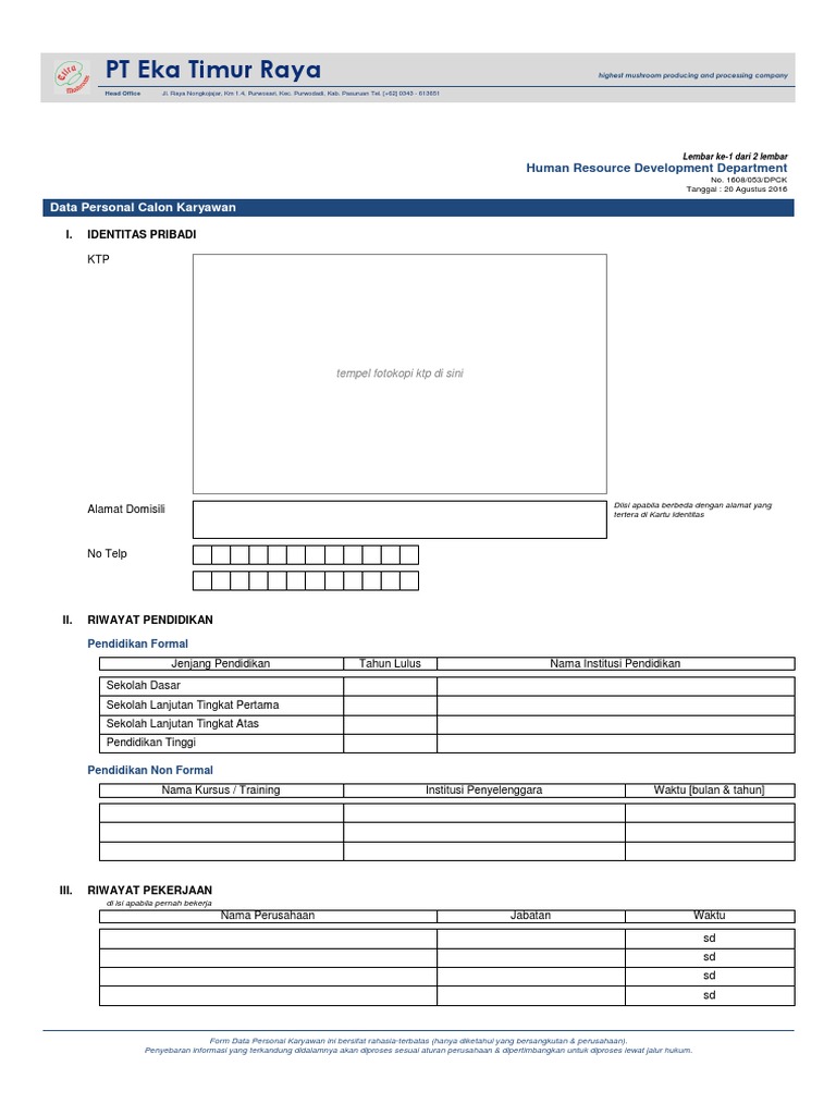 Formulir Data Karyawan PT Eka Timur Raya | PDF