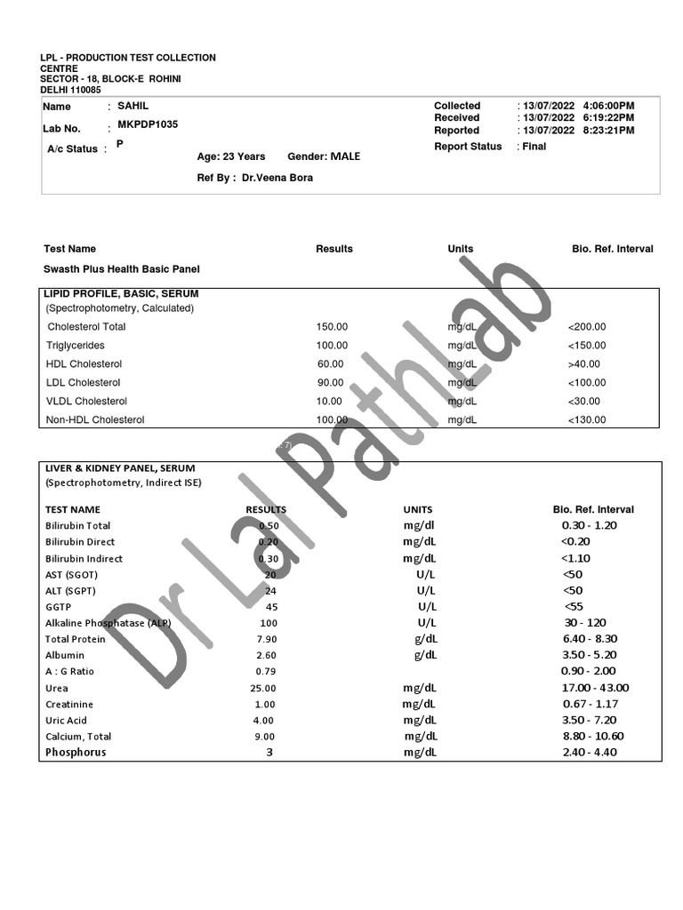 Name Lab No. A/c Status Sahil MKPDP1035 P Age: 23 Years Gender: Ref By: DR - Veena Bora ...