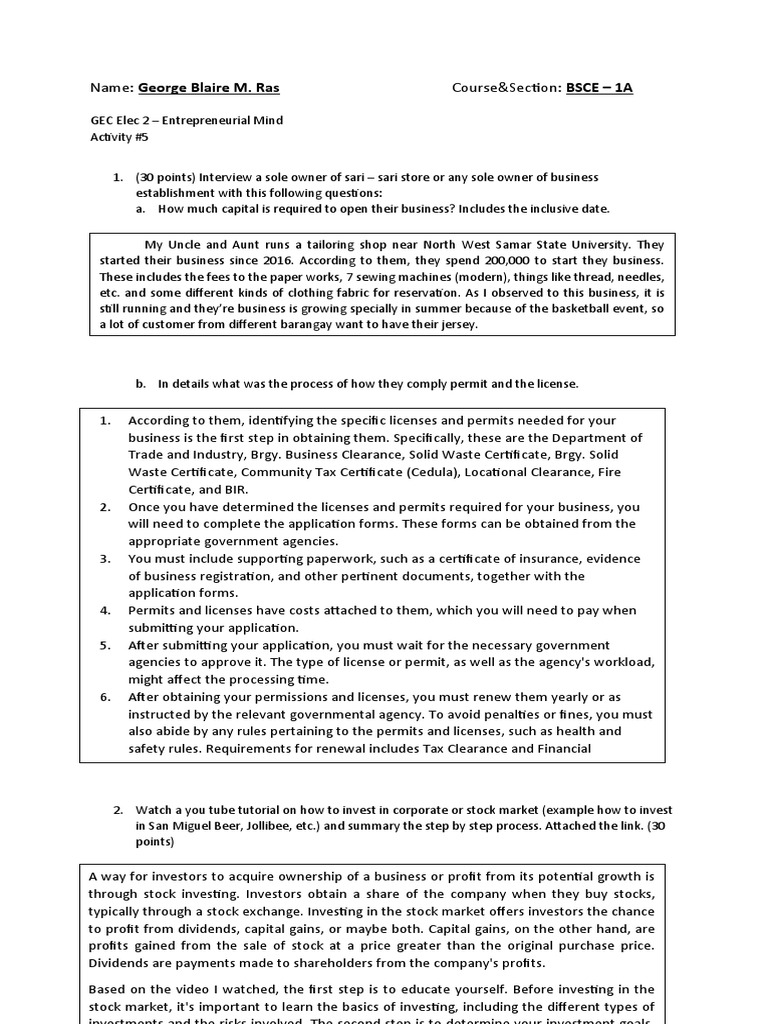 RAS - GEC Elec 2 - Activity #5 | PDF | Stocks | Investing