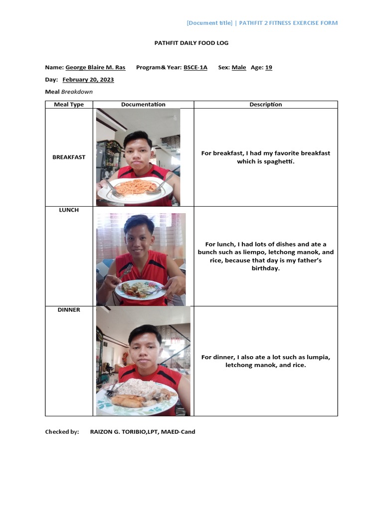 Daily food log | PATHFIT 2 FITNESS EXERCISE FORM | PDF