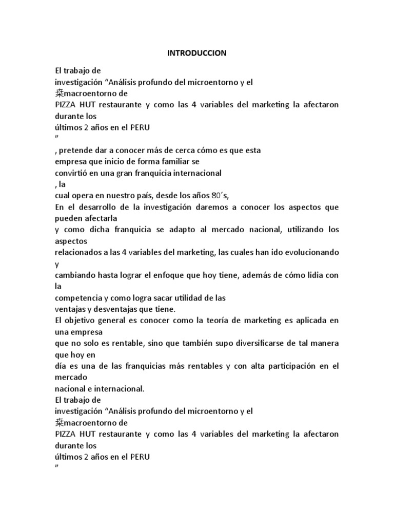 Introduccion y Objetivo Pizza Hut | PDF | Marketing | Análisis FODA Introduccion y Objetivo Pizza Hut | PDF | Marketing | Análisis FODA