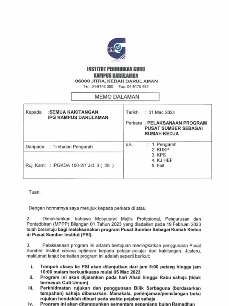 Memo Pelaksanaan Program Pusat Sumber Sebagai Rumah Kedua | PDF