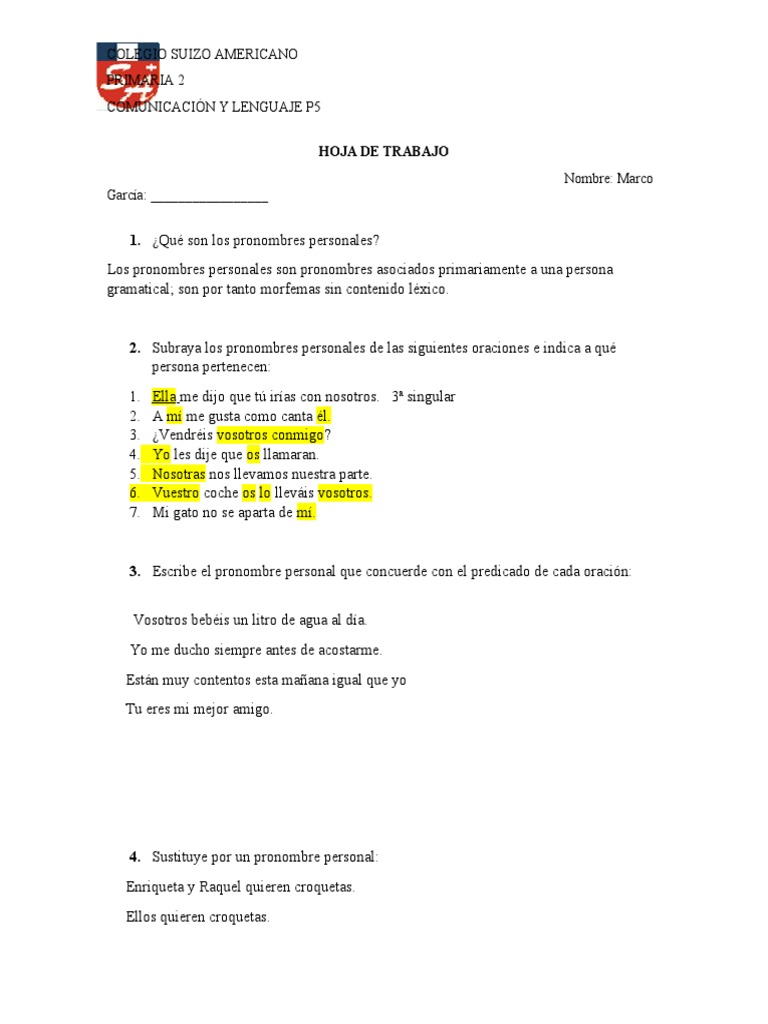 Semana # 2 - Hoja de Trabajo Pronombres Personales (Semana Del 4 Al 8 ...