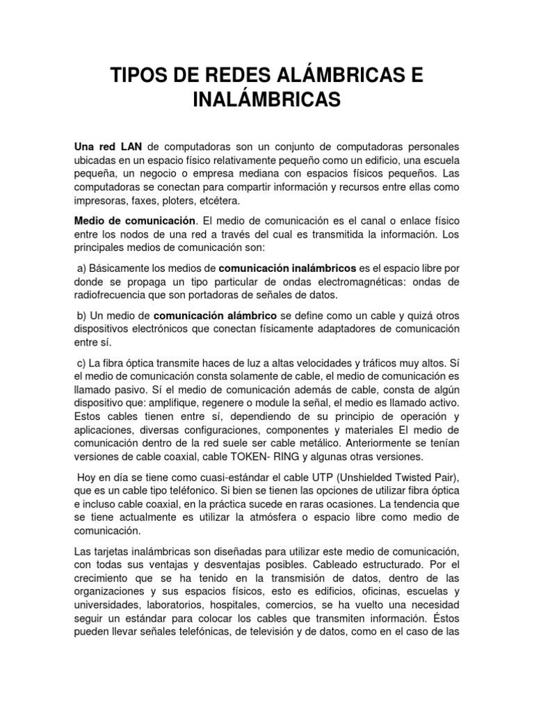 Tipos de Redes Alámbricas e Inalámbricas | PDF | Red de computadoras | Inalámbrico