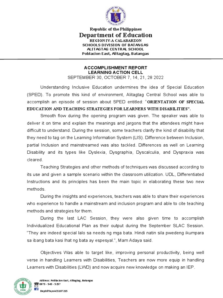 Accomplishment Report | Download Free PDF | Learning | Individualized ...