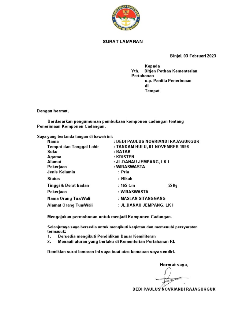 Surat Lamaran Komcad | PDF