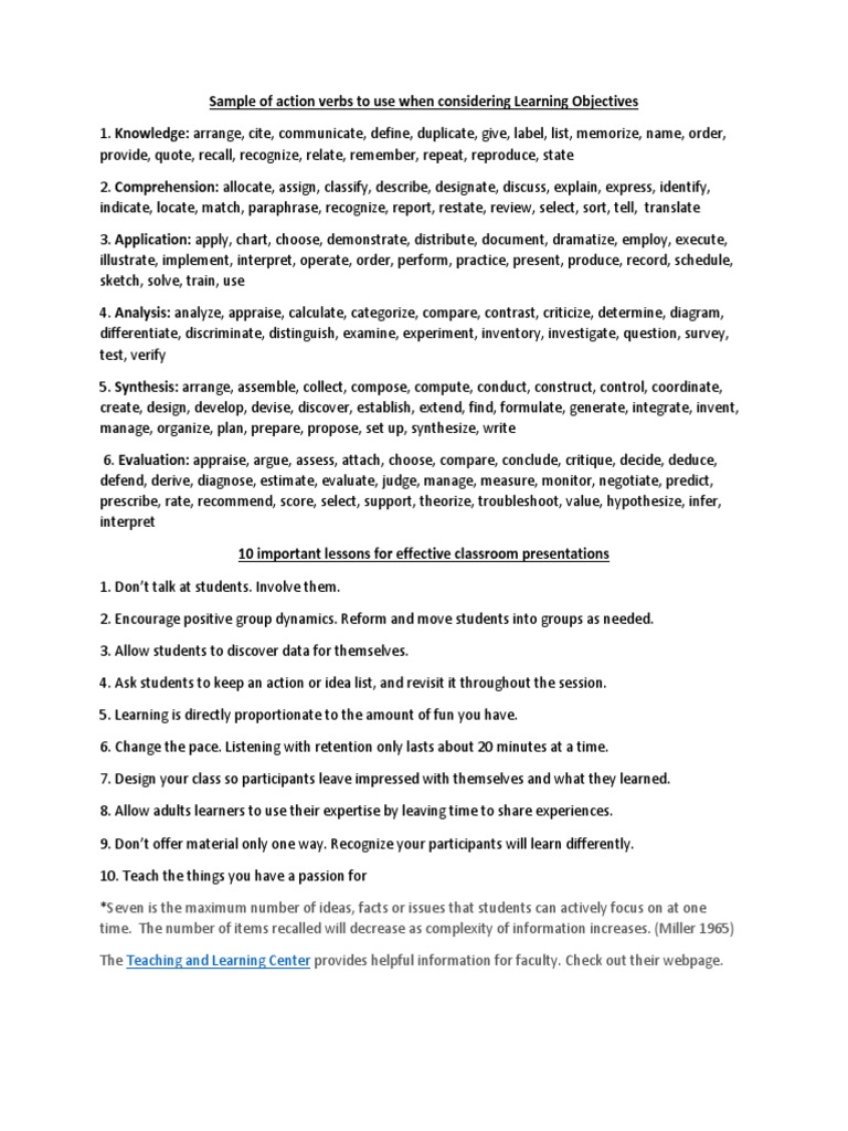 Action Verbs For Learning Objectives | PDF | Learning | Information