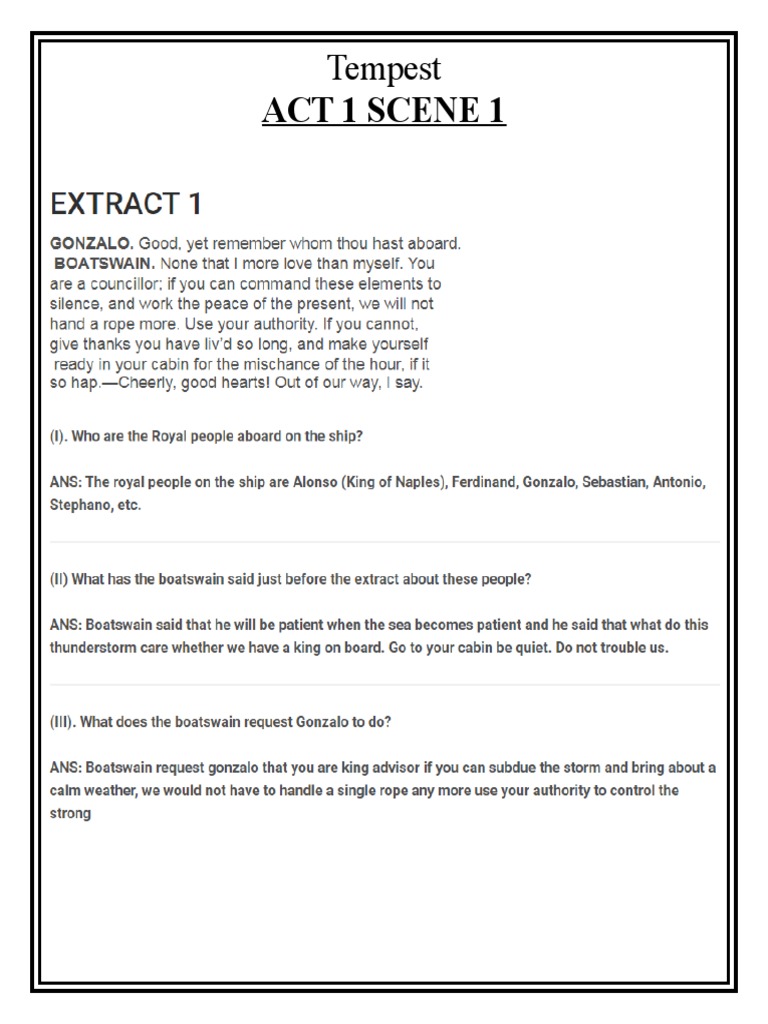 Tempest Act 1 Scene 1 Question Answers | PDF
