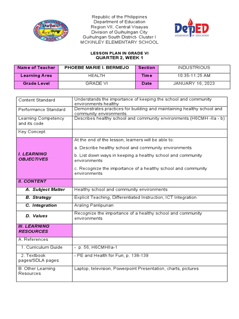 Lesson Plan in Health Vi | PDF | Learning | Schools